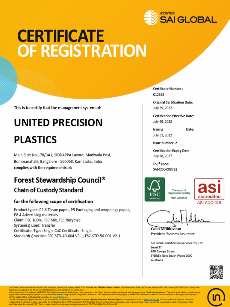 United Precisions Plastics FSC CoC Certificate | PDF | Forest ...