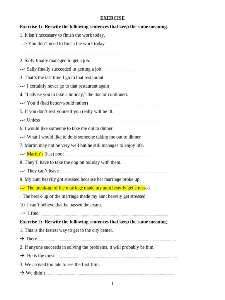 Sentence Rewriting Exercises | PDF | Language Arts & Discipline | Home ...