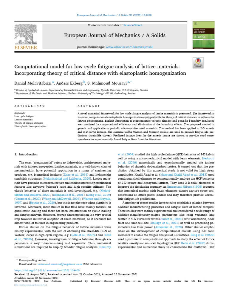 Computational Model For Low Cycle Fatigue Analysis of Lattice Materials - Incorporating Theory ...