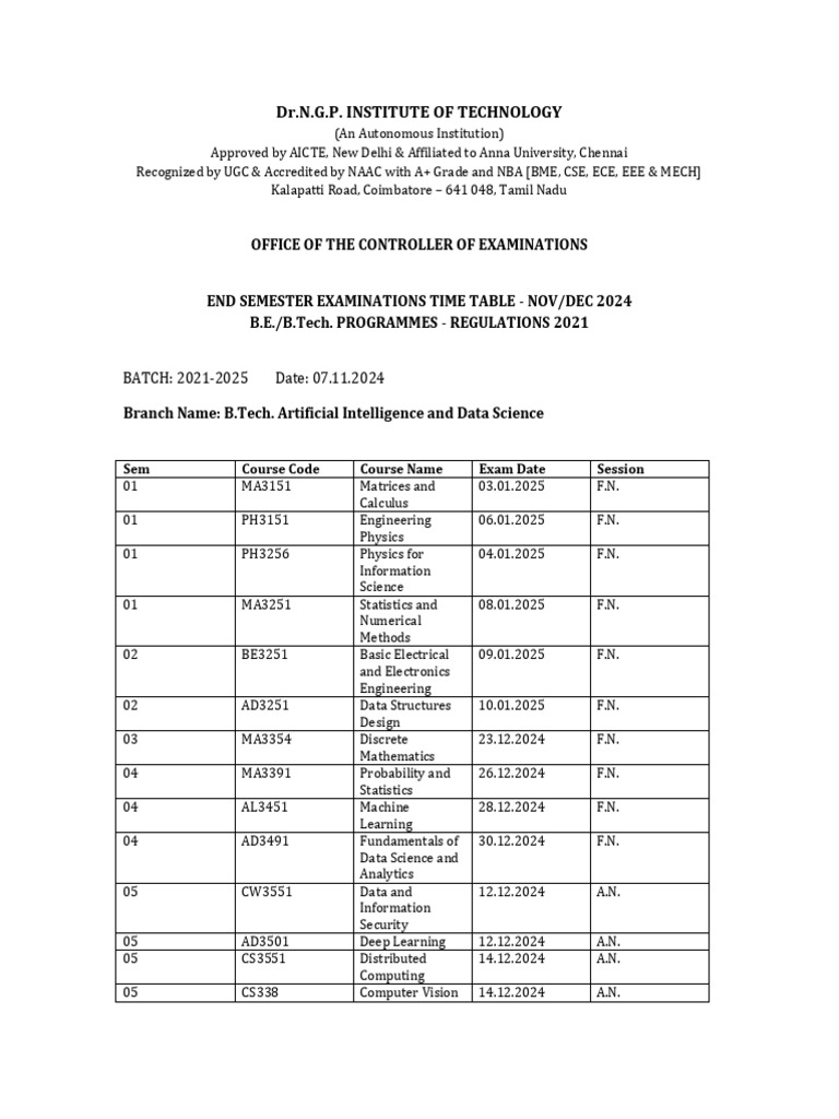 Exam Timetable BTech AIDS | PDF | Engineering | Computing
