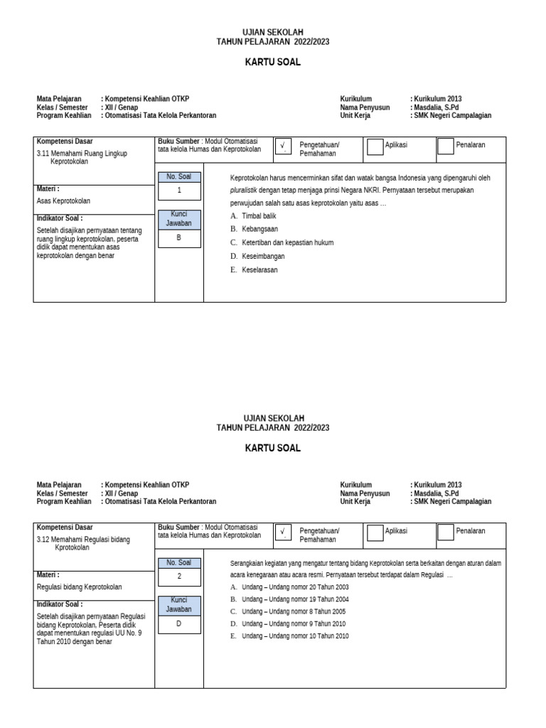 Kartu Soal Kompetensi Keahlian Otkp | PDF