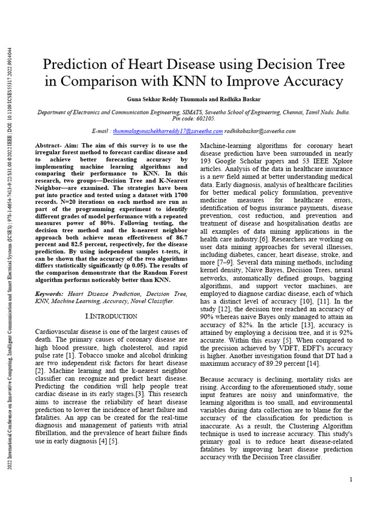 Prediction of Heart Disease Using Decision Tree in Comparison With KNN To Improve Accuracy | PDF ...