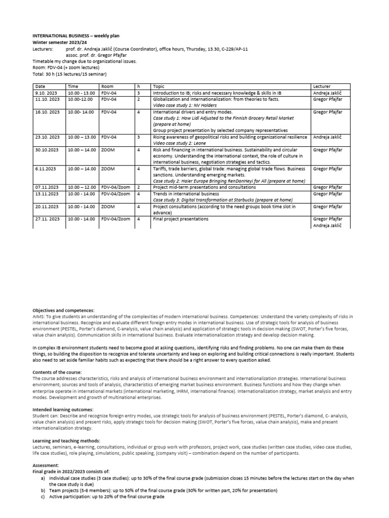 International Business Course Plan | PDF | Risk | Internationalization