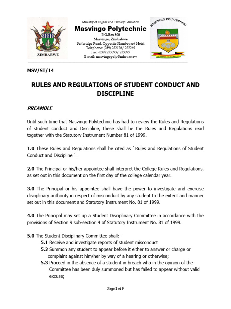 Student Conduct and Discipline Rules | PDF | Cafeteria | Dormitory