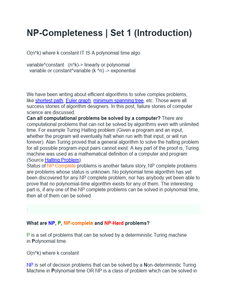 Understanding NP, P, and NP-Complete | PDF | Time Complexity | Applied ...