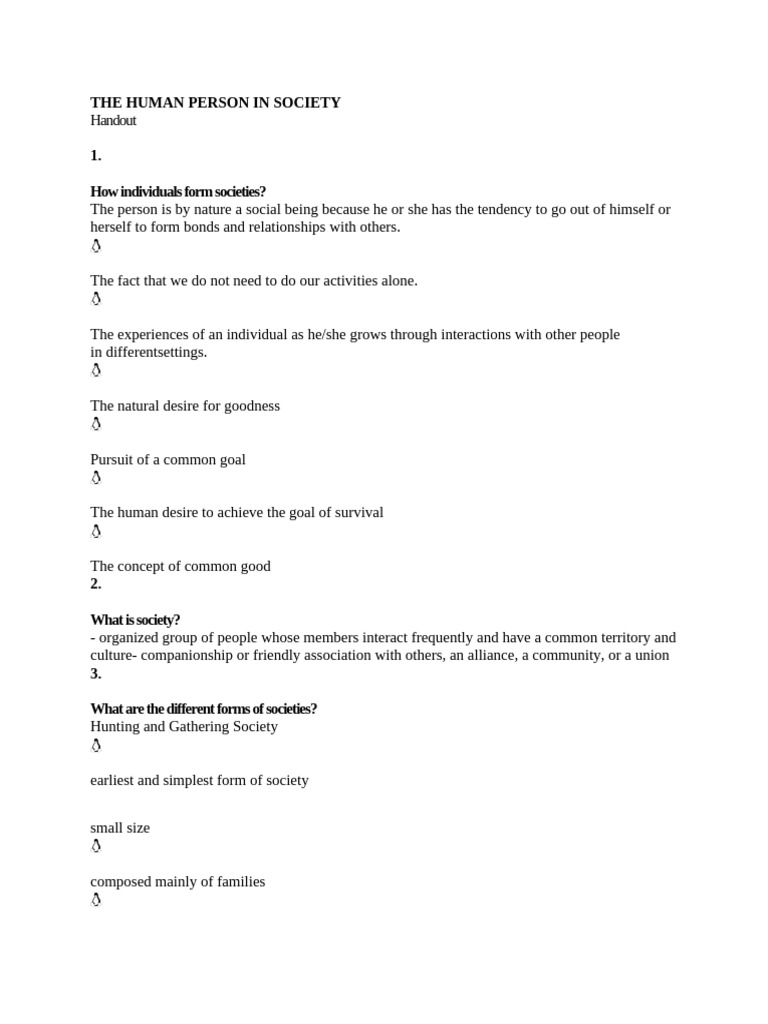 The Human Person in Society Handouts | PDF | Society | Agriculture