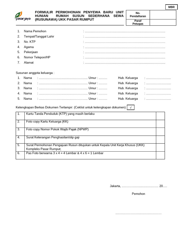 Data - Formulir Permohonan Penyewa Baru Unit MBR | PDF