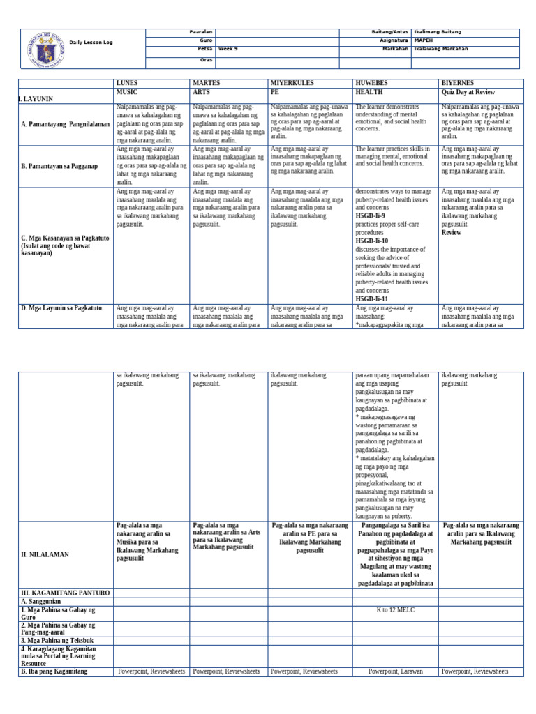 DLL Week 9 Mapeh | PDF