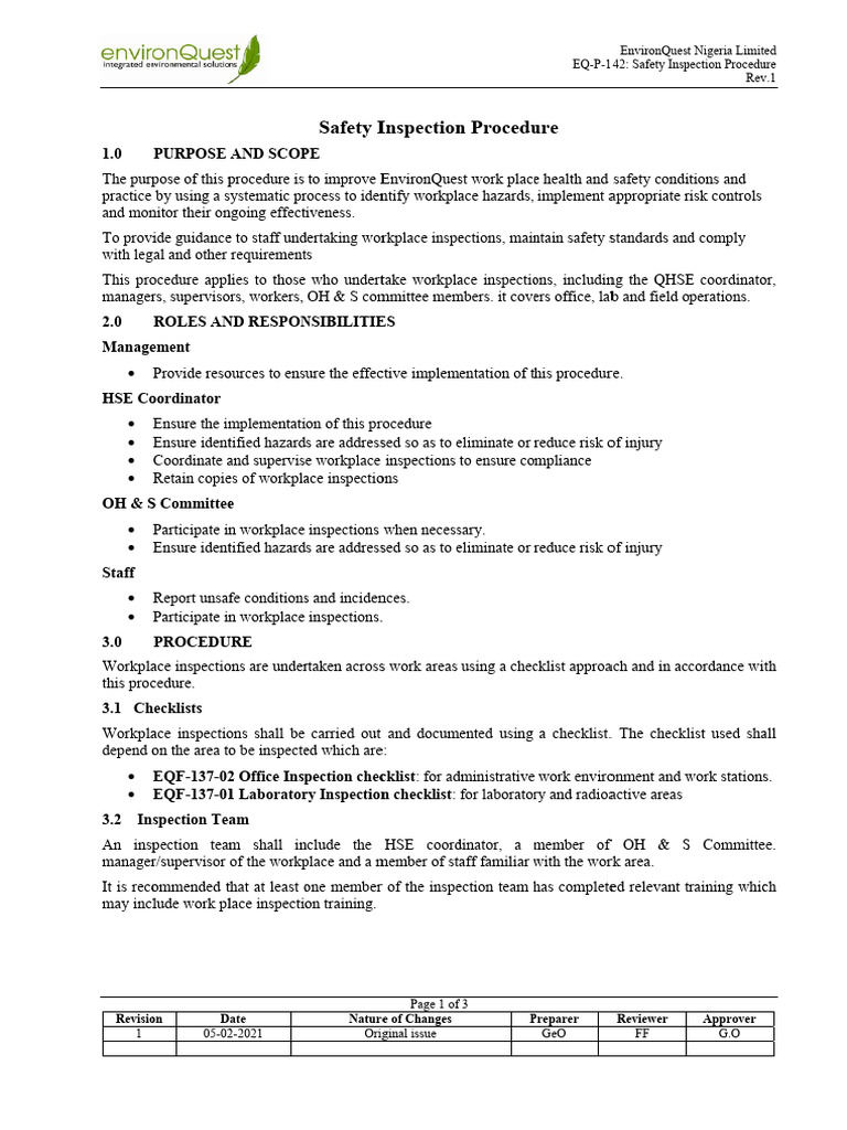 EQ-P-142 Safety Inspection Procedure Rev 1 | PDF | Occupational Safety ...