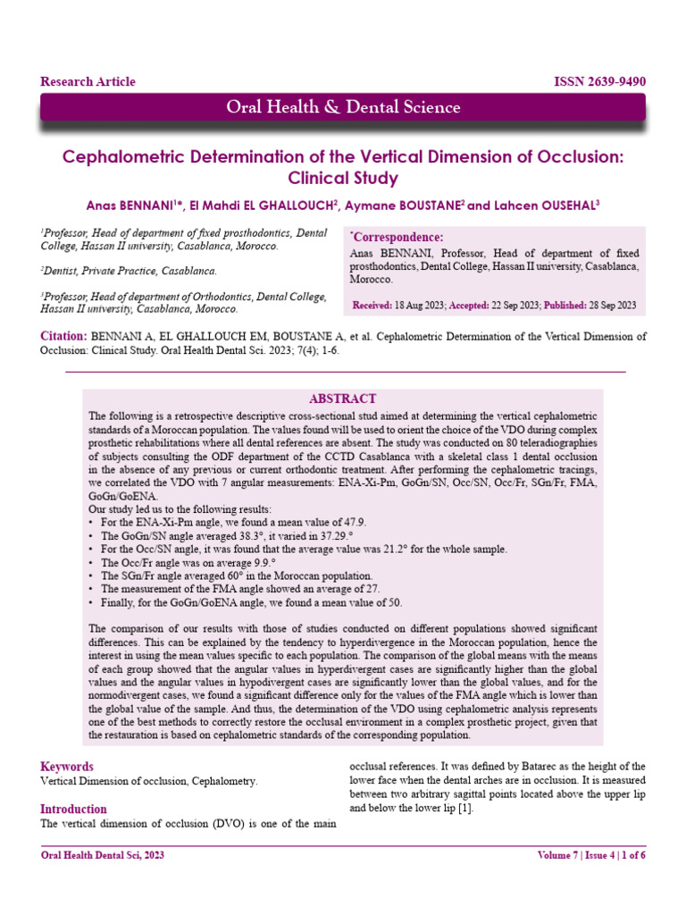 Cephalometric VDO Standards in Morocco | PDF | Orthodontics | Angle