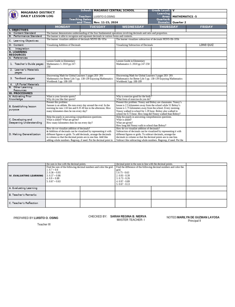 Grade 5 Math DLL: Quarter 2 Overview | PDF | Learning | Mathematics