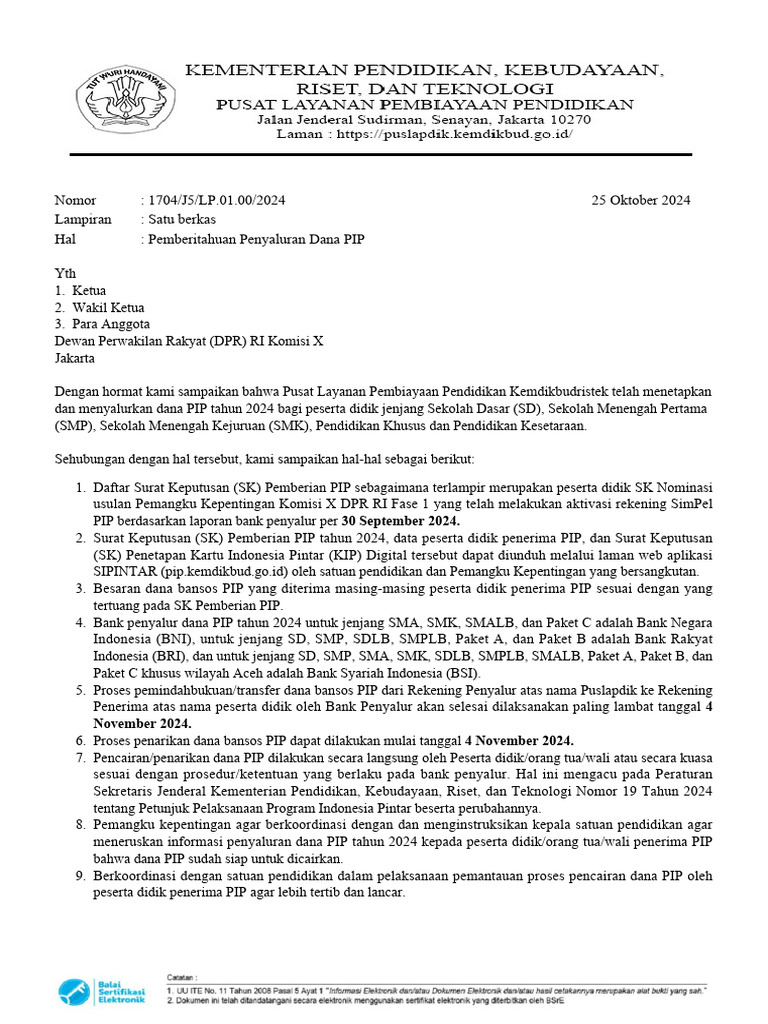 Pemberitahuan Penyaluran Dana PIP SK 11 Okt - DPR | PDF