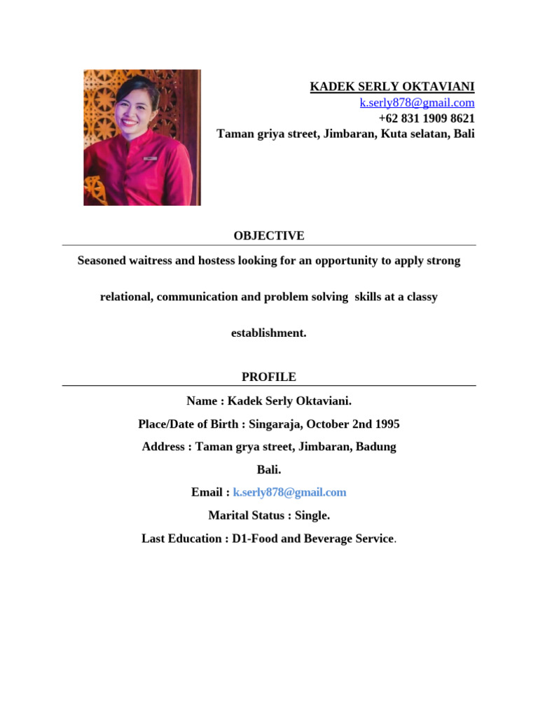 NewCurriculum Vitae - Sherly Oktaviani | PDF | Waiting Staff | Restaurants