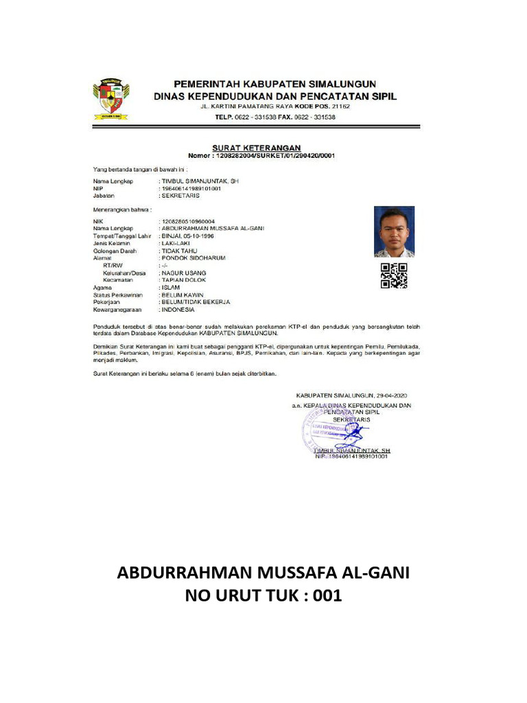 Abdurrahman Mussafa Al-Gani No Urut Tuk: 001 | PDF