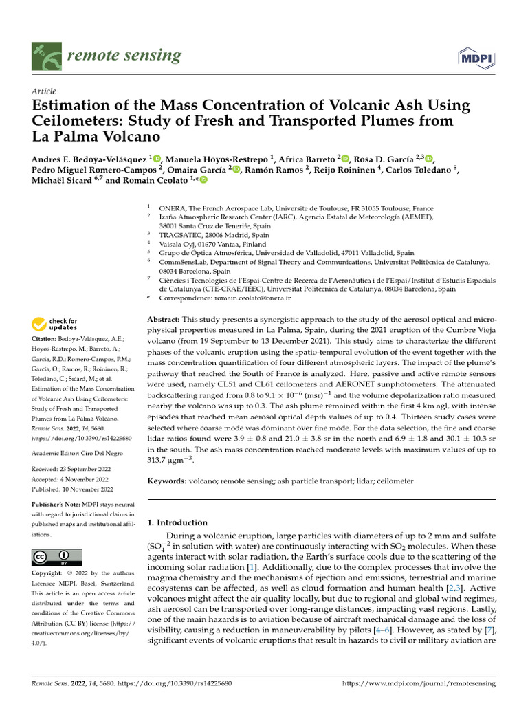 Remotesensing 14 05680 v2 | PDF | Volcano | Particulates