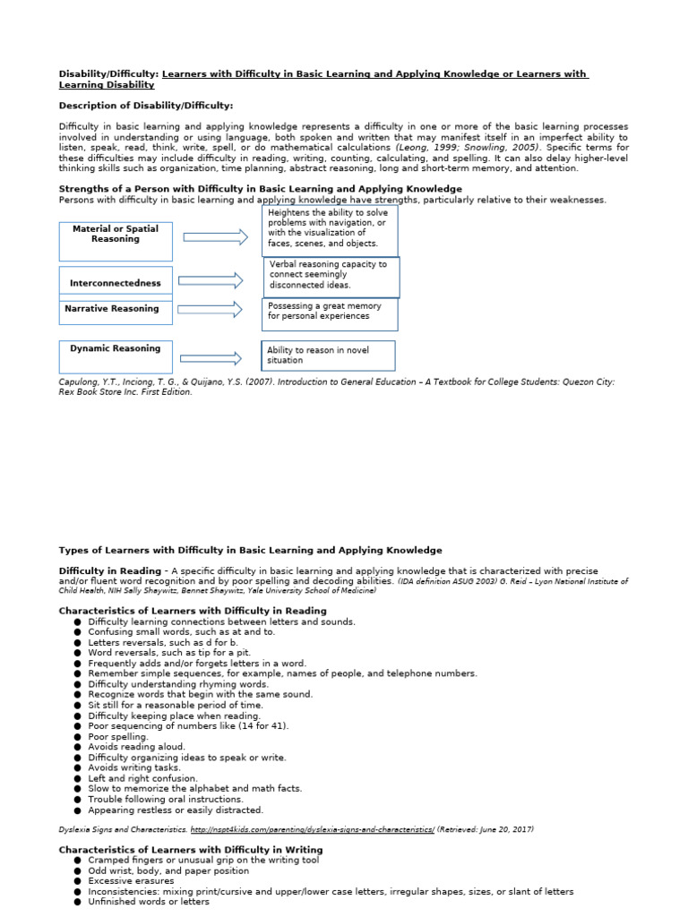 Learners With LD or Difficulty in Learning and Applying Knowledge | PDF ...