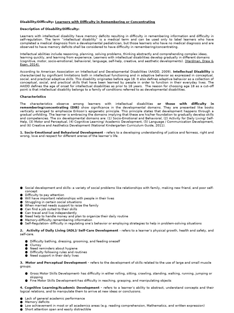 Learners With Difficulty in Remembering or Concentrating | PDF | Learning | Intellectual Disability