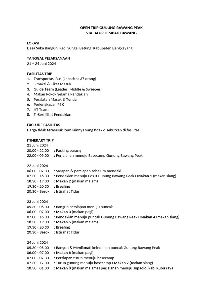 Open Trip Bawang Peak 2024 | PDF