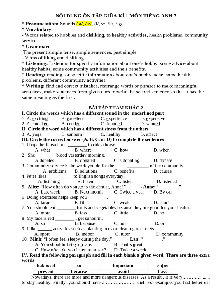 ĐỀ CƯƠNG ÔN TẬP GK A7 PhTrang | PDF | Hobbies | Linguistics