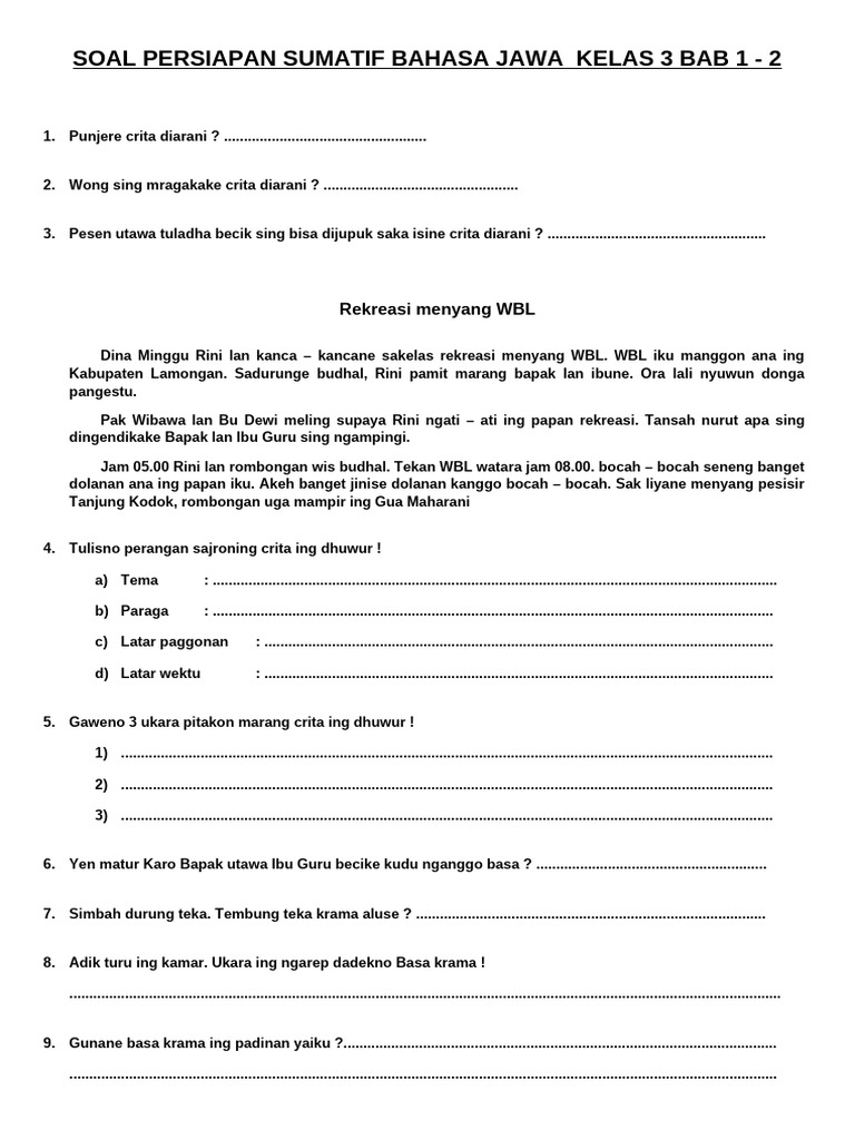 Sumatif 1 Bahasa Jawa Kelas 3 Semester 1 | PDF