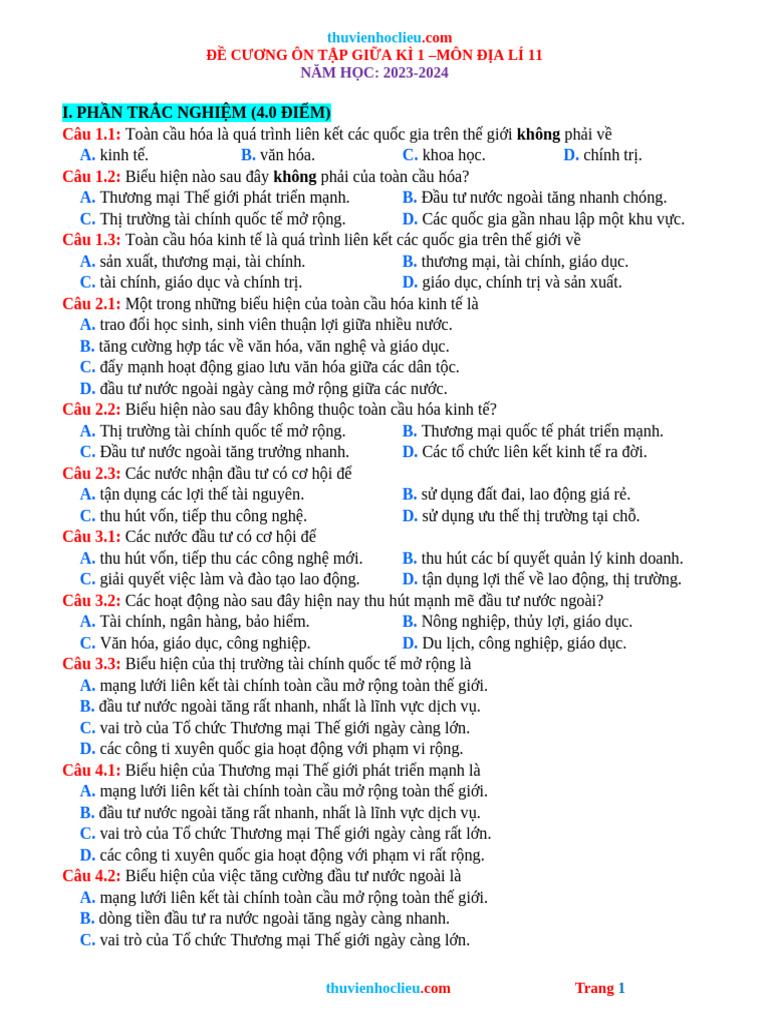 De Cuong On Tap Giua HK1 Dia Li 11 | PDF