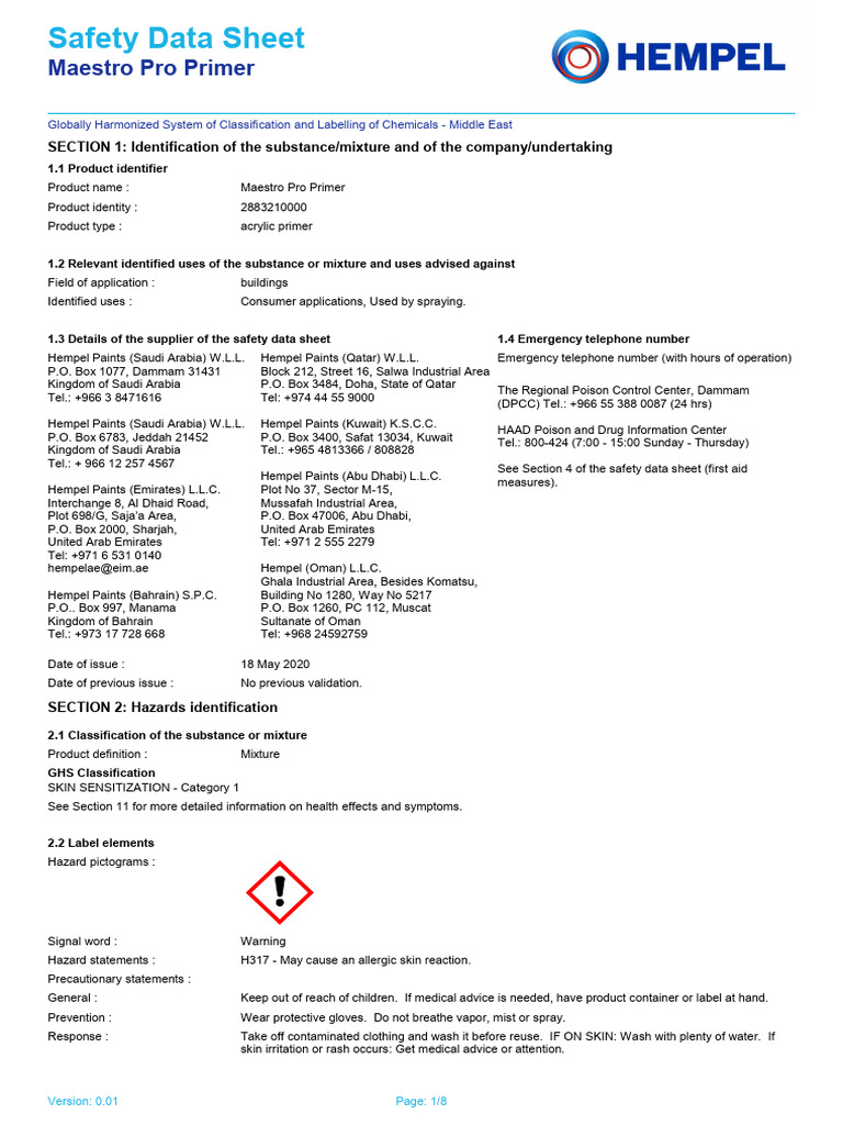Maestro Pro Primer Safety Data Sheet | PDF | Safety | Occupational ...