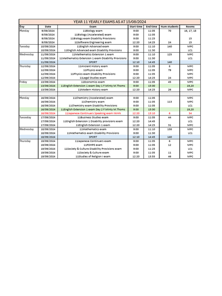Year 11 Exam Timetable 2024 | PDF