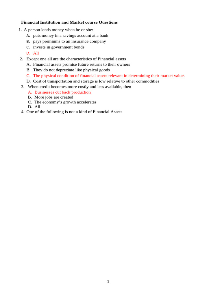 Financial Institution and Market Quiz | PDF | Financial Markets ...