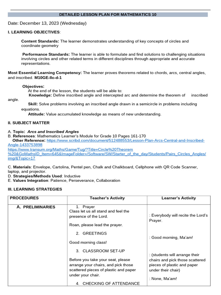 Inscribed Angles Lesson Plan 2ND Co | PDF | Angle | Circle