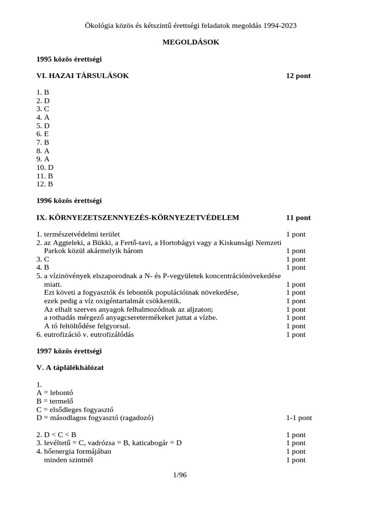Okologia Ketszintu Es Kozos Erettsegi Feladatok 1994 2020 Megoldasok | PDF