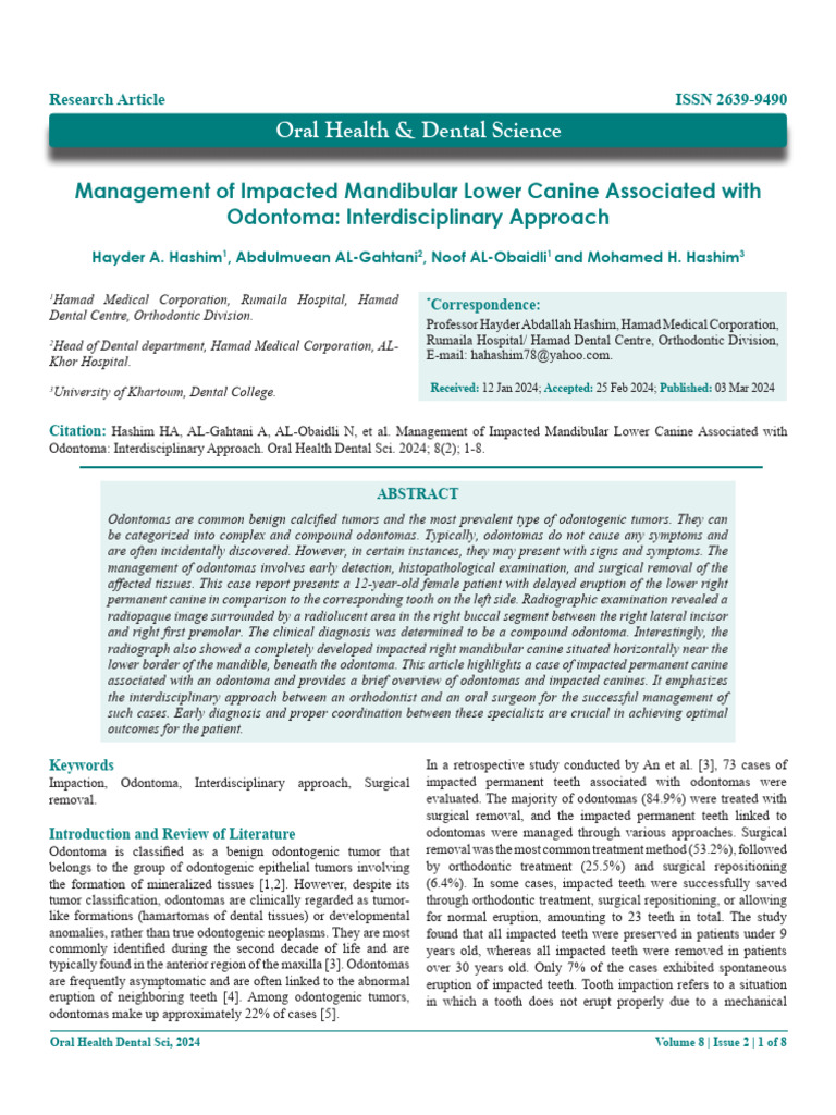 Management of Impacted Mandibular Lower Canine Associated With Odontoma ...