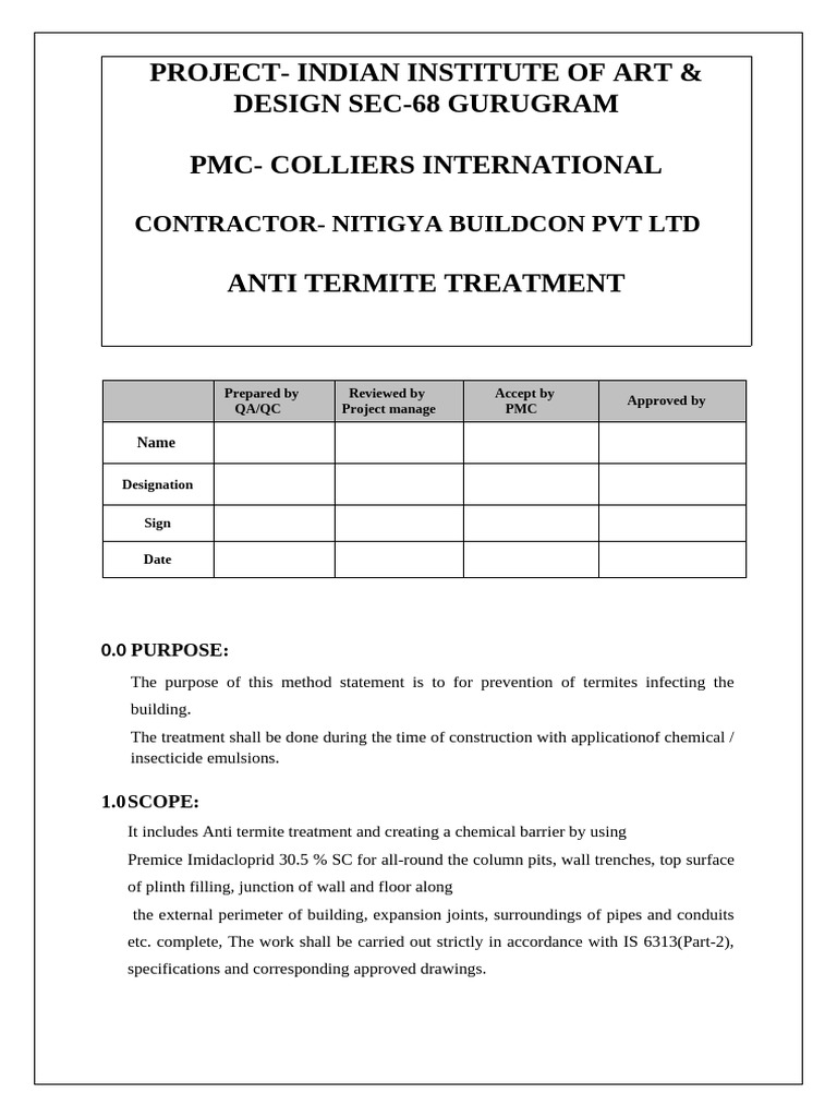 Anti-Termite Treatment Method Statement | PDF | Concrete | Water