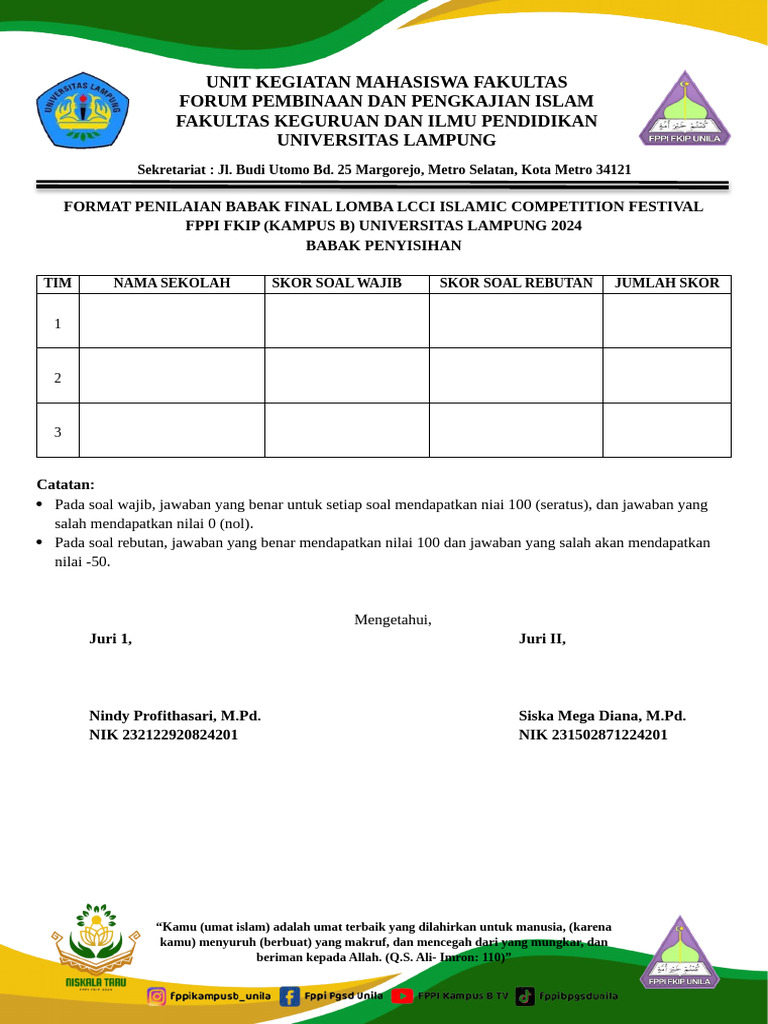 Format Penilaian Babak Final Lomba Lcci Islamic Competition Festival | PDF