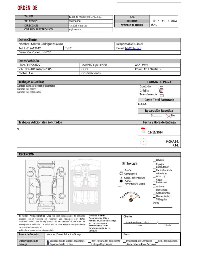 Orden de Trabajo AEV 1 | PDF | Vehículos | Industria automotriz