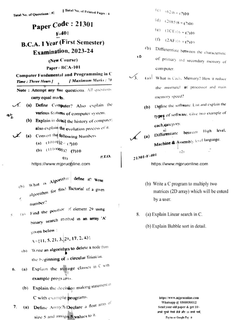 Bca 1 Sem Computer Fundamental and Programming in C 21301 2024 | PDF