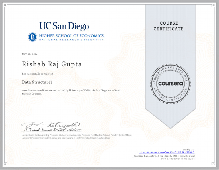 E23CSEU1305 Rishab Raj Gupta DSA Certificate | PDF