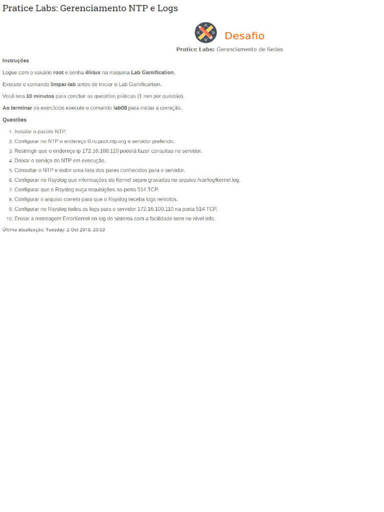 Aula 07 - Pratice Labs Gerenciamento NTP e Logs | PDF