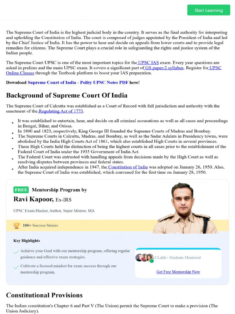 Supreme Court UPSC Notes - UPSC Civil Services Exam Supreme Court | PDF