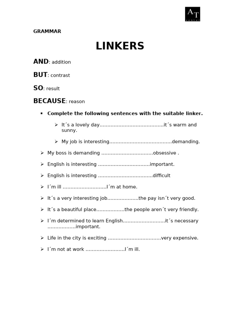 GRAMMAR Linkers and So Because But Practice | PDF | Language Arts ...