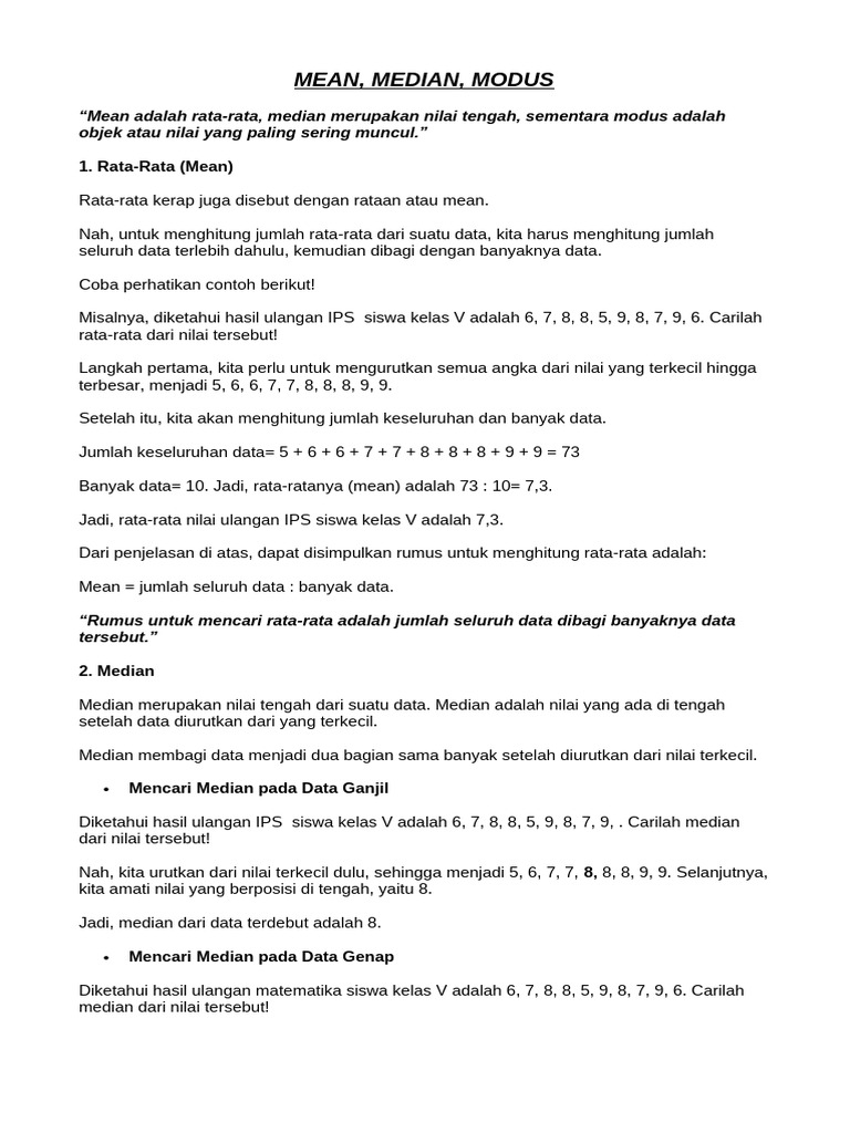 Mean, Median, dan Modus dalam Statistika | PDF | Metode & Bahan Ajar