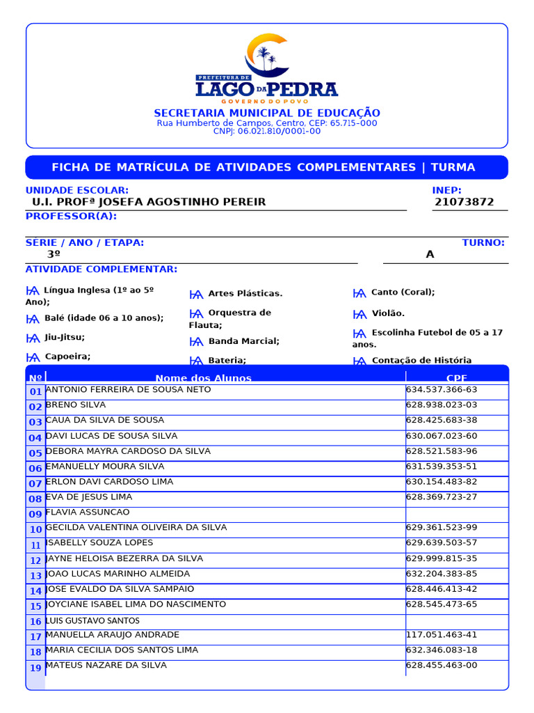 Ficha Complementar 3º A | PDF