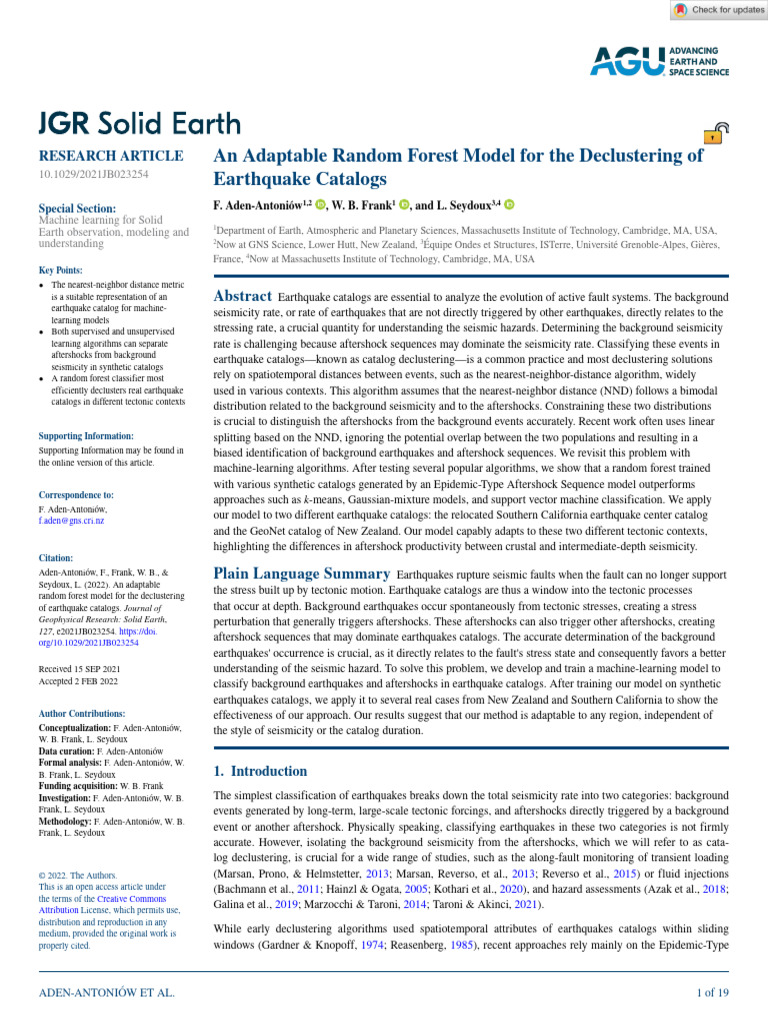 JGR Solid Earth - 2022 - Aden Antoniów - An Adaptable Random Forest Model For The Declustering ...