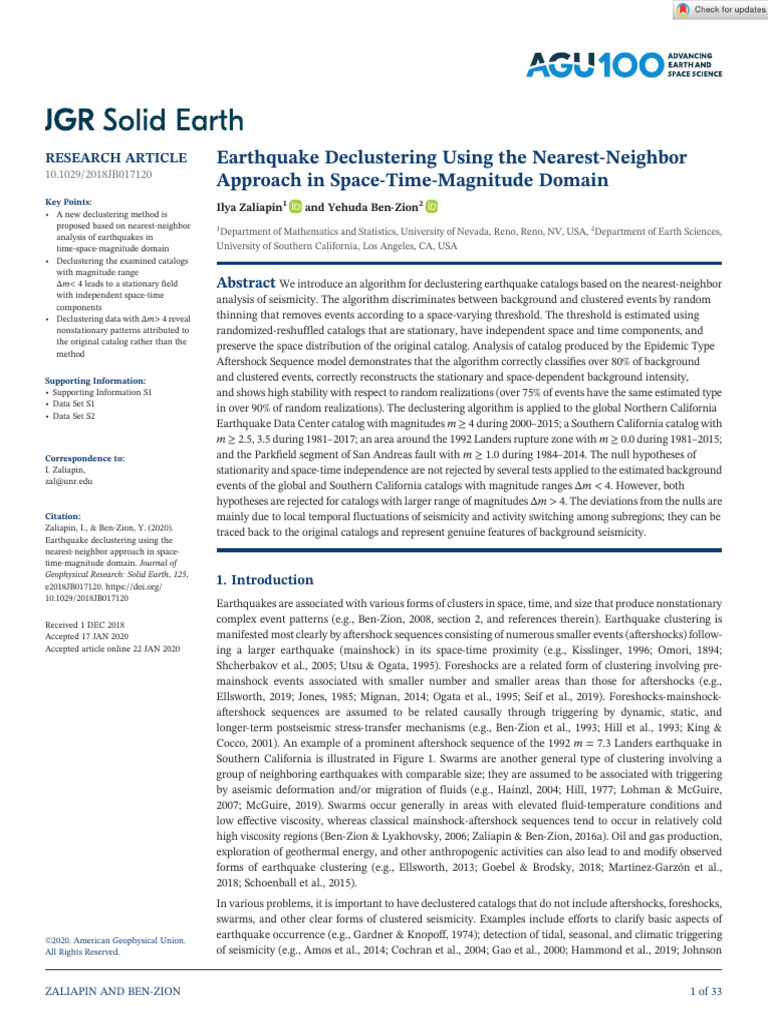 JGR Solid Earth - 2020 - Zaliapin - Earthquake Declustering Using The Nearest Neighbor Approach ...