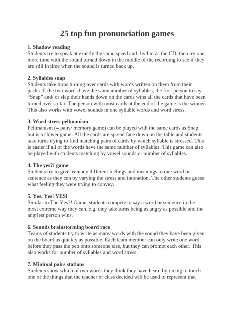 25 Top Fun Pronunciation Games | PDF | Stress (Linguistics) | Syllable