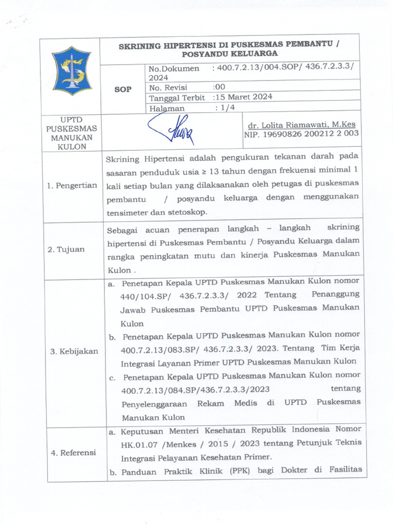 SOP Skrining Hipertensi Di Pustu Dan Posga (M-004-2024-MK | PDF