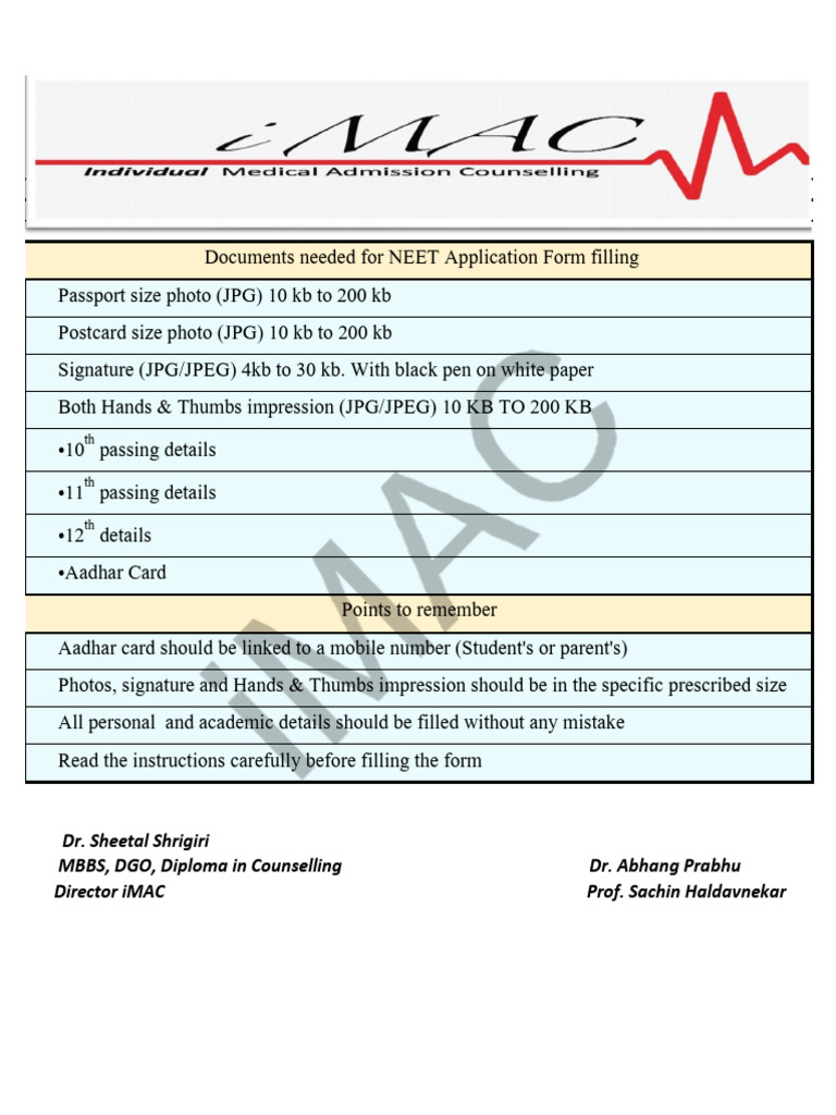 Documents For NEET Application Form Filling | PDF