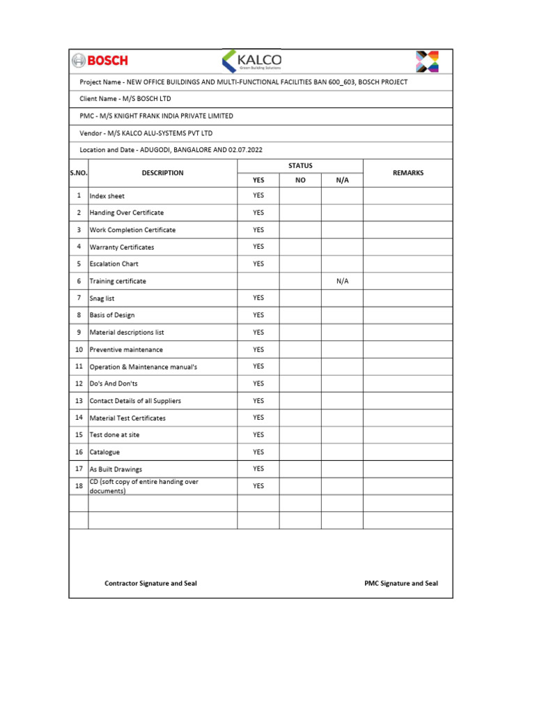 Project Handover Documents List | PDF | Technology & Engineering