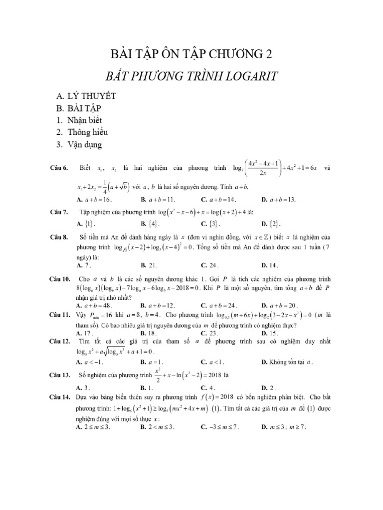 BÀI TẬP BẤT PHƯƠNG TRÌNH LOGARIT | PDF