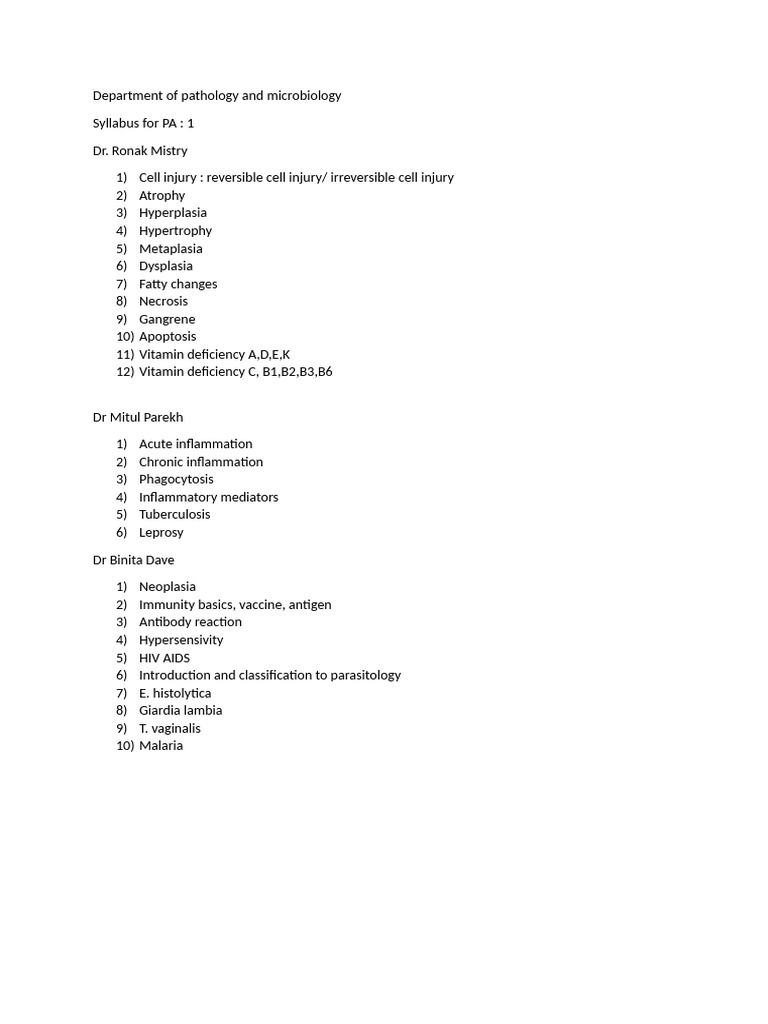 Department of Pathology and Microbiology PA 1 Syllabus | PDF