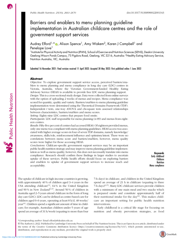 Barriers and Enablers To Menu Planning Guideline Implementation in Australian Childcare Centres ...